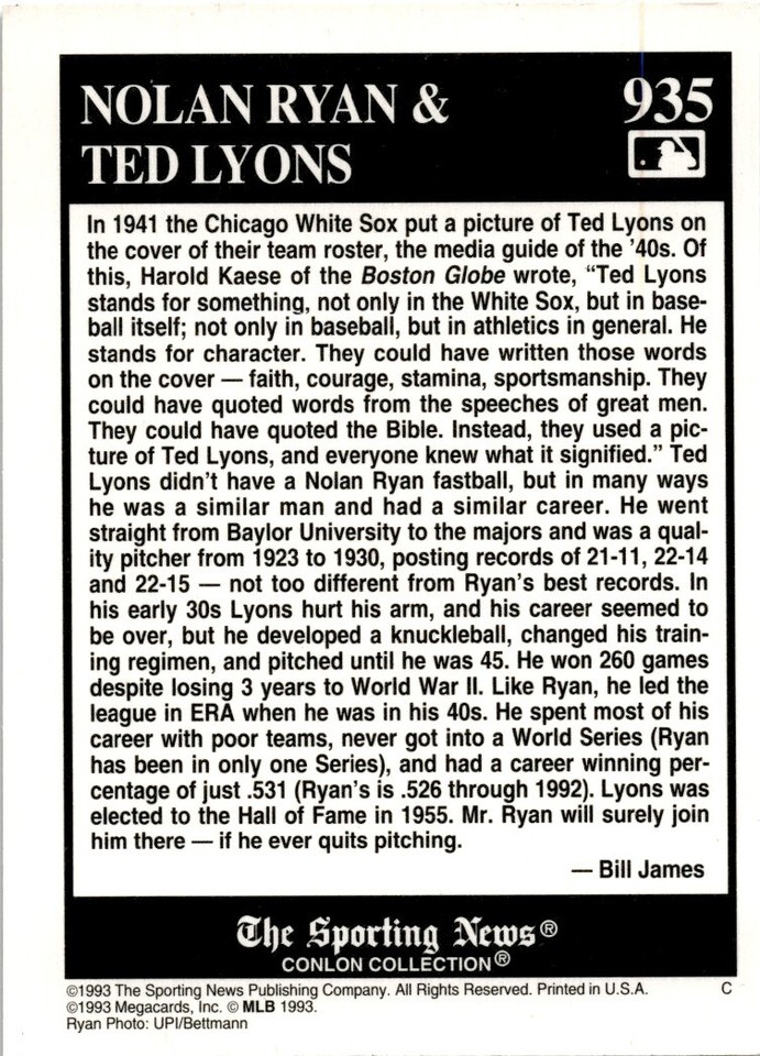 1993 Conlon Collection TSN Nolan Ryan/Ted Lyons Texas Rangers/Chicago ...