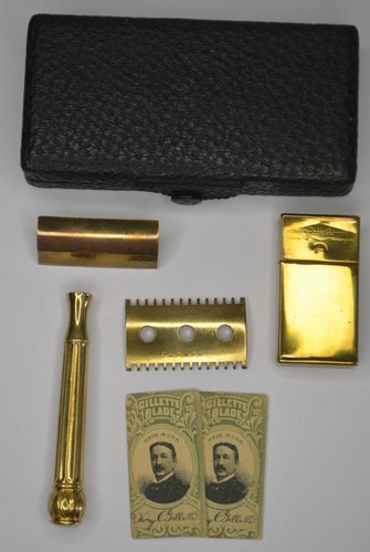 RARE Vintage Gillette ABC Pocket Edition Black Pigskin Safety Razor Set ...