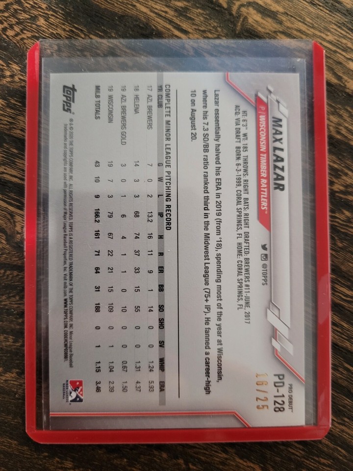2020 TOPPS MAX LAZAR ORANGE PRO DEBUT 16/25 BASEBALL CARD Milwaukee ...