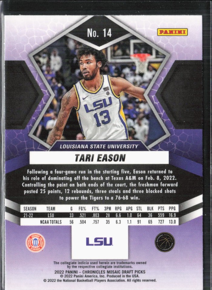 2022 Panini Chronicles Draft Picks #14 Tari Eason Mosaic Rookie LSU ...