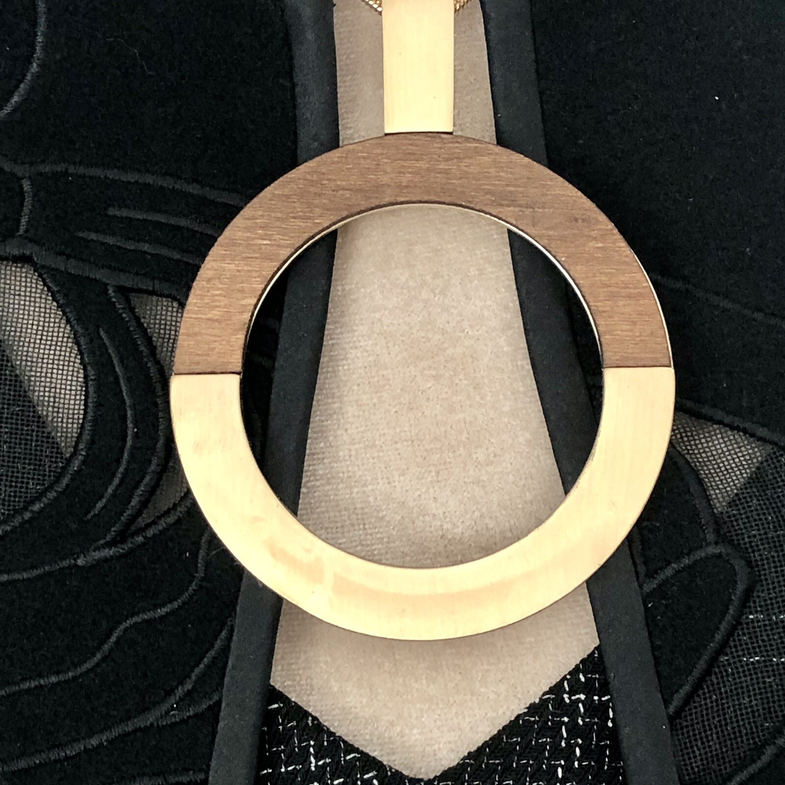 Modernist Abstract Circle Pendant Necklace Wood Metal Geometric Jewelry ...