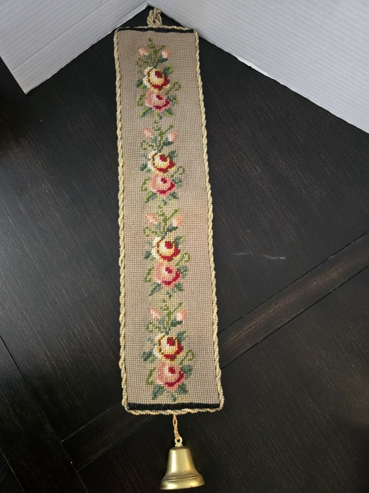 Vtg Needlepoint Bell Pull Roses Flowers Velvet Back Handmade 36 In ...