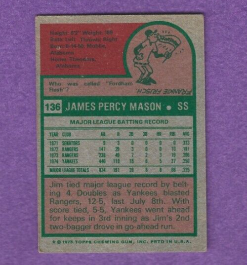 1975 Topps #139 Jim Mason New York Yankees (low grade) | eBay