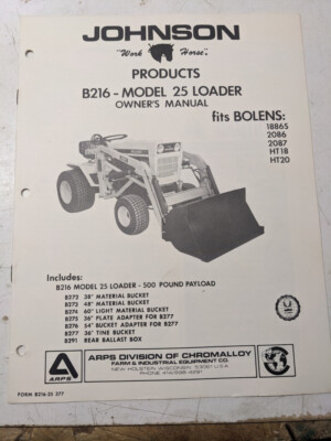 JOHNSON WORK HORSE 25 LOADER OWNER MANUAL PART B216 BOLENS 1886S 2087 ...