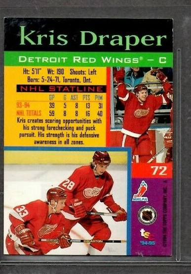 1994 Topps #72 Kris Draper Detroit Red Wings Hockey signed Autograph ...