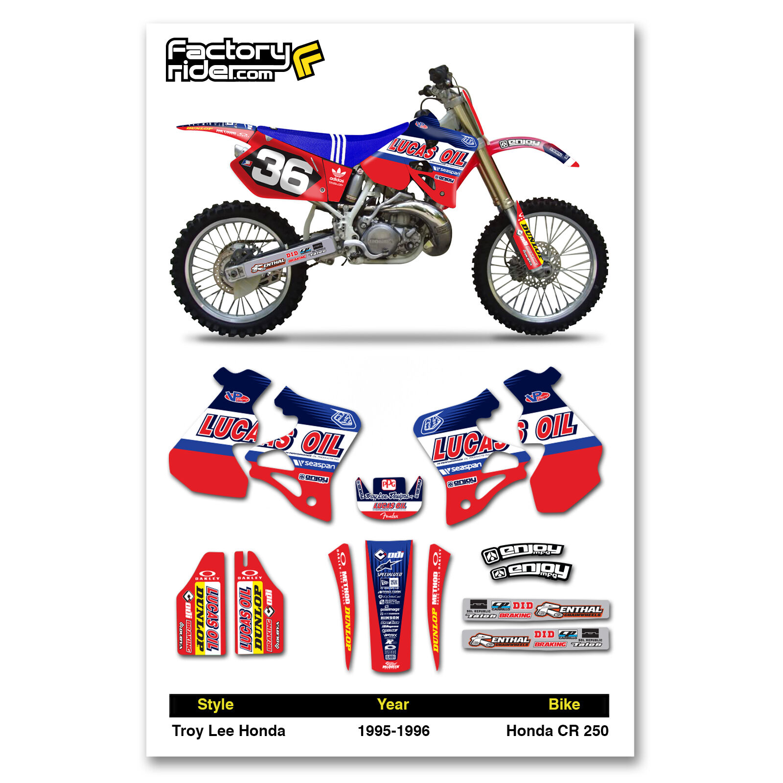 Honda CR 250 1995-1996 Cr 250 Graphics Kit Lucas oil Troy Lee Designs ...