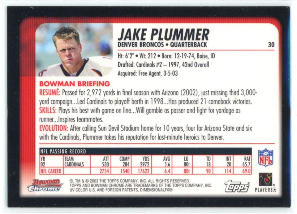 2003 Bowman Chrome Jake Plummer Denver Broncos #30 | eBay