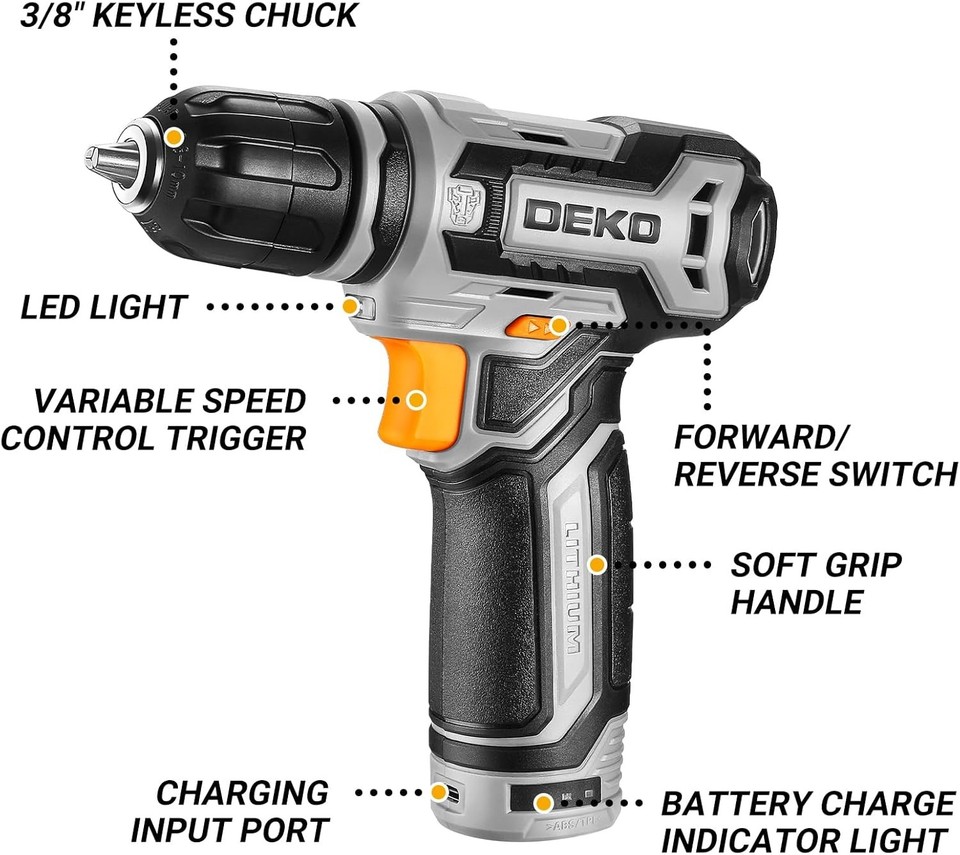 Cordless Drill: DEKO PRO 12V Power Battery Drill Set with Small ...