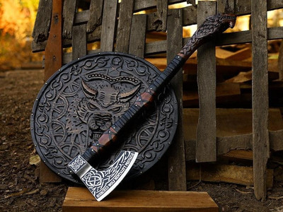 Viking Wolf Engraved Axe & Shield- Authentic Medieval Axe for Battle ...