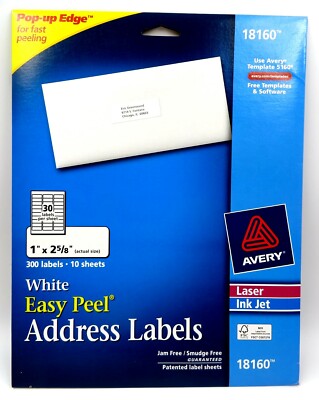 Avery 18160, Easy Peel Address Labels, 1" x 2 5/8", 300 Labels, 10 ...