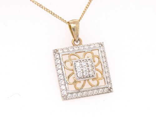 9ct Yellow Gold Cubic Zirconia Square Cluster Pendant & Necklace ...