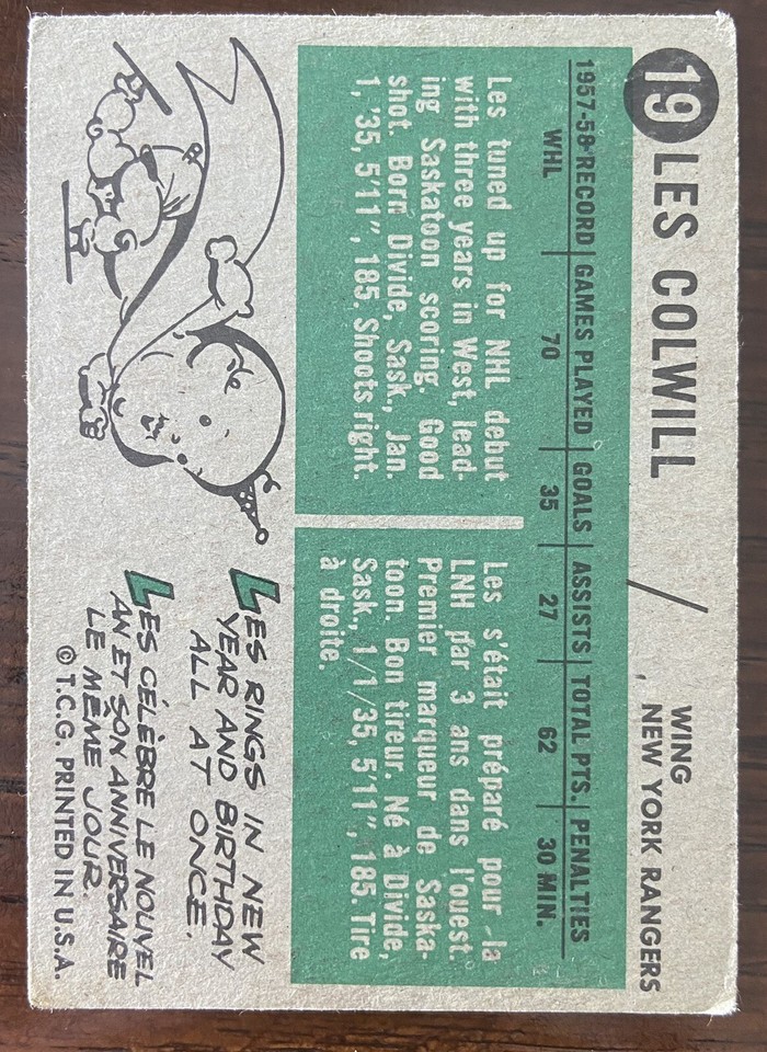 1958-59 TOPPS #19 LES COLWILL EX+ ROOKIE CARD NEW YORK RANGERS!! | eBay