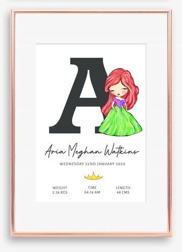 A4 Nursery/Baby/Girls Birth Stats/Announcement Princess Personalised ...