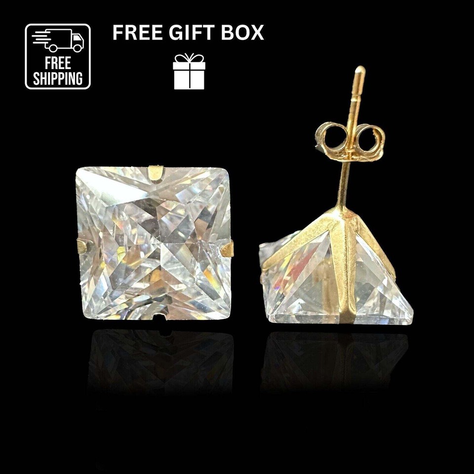 14K Yellow Gold Square Martini Prong Stud Earrings with Princess Cut CZ ...