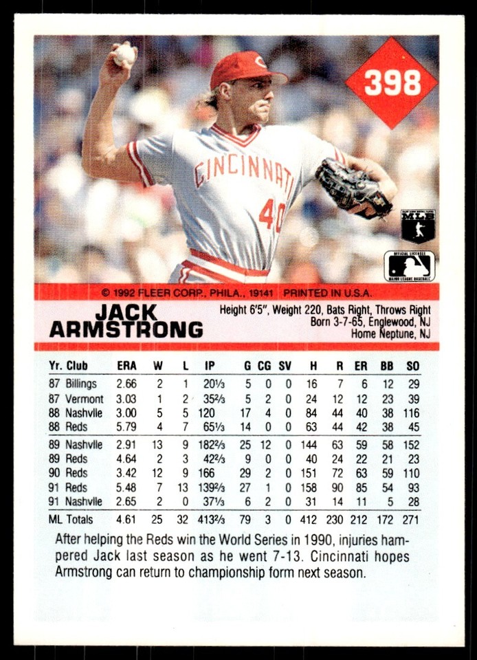 1992 Fleer Baseball Card Jack Armstrong Cincinnati Reds #398 | eBay