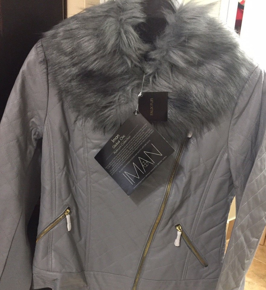 $250 IMAN Grey Quilted Leather Jacket with Detachable Faux Fur Collar ...