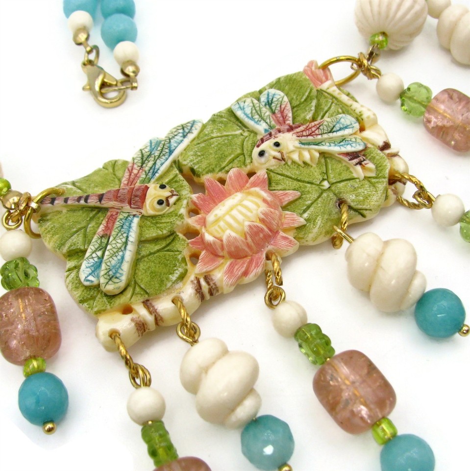 SCD Carved Bone Dragonfly Floral Necklace W/ Faux Bone & Glass Beads ...
