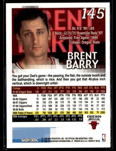 1999-00 Skybox NBA Hoops #145 Brent Barry Chicago Bulls 1 | eBay