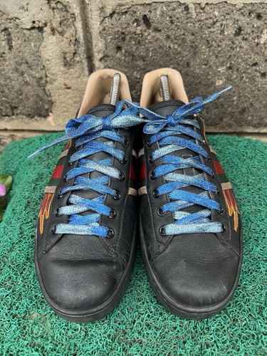 Gucci Ace 440724 Black Leather Flames Low Top Sneakers Sz US 9.5 || UK ...