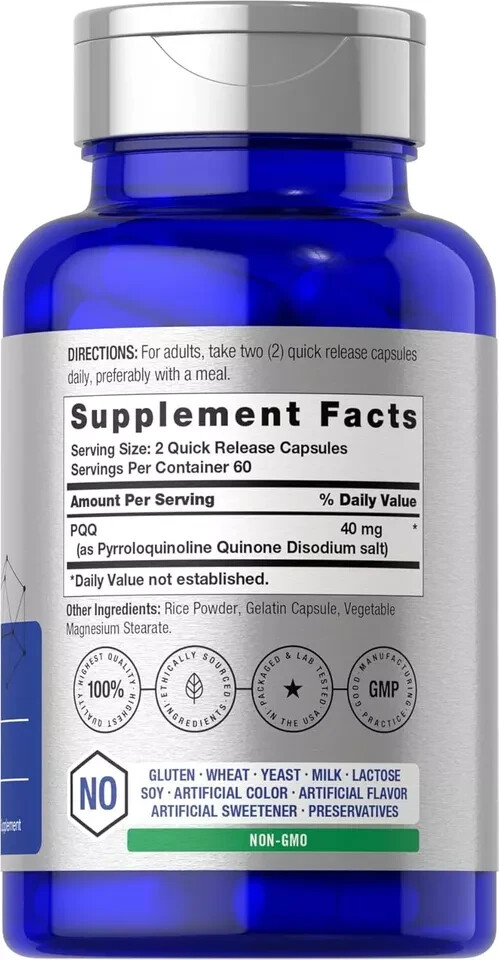 PQQ 40mg Maximum Strength Non-gmo And Gluten Free Supplement 120 ...