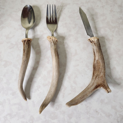 Deer Antler Silverware Flatware Fork, Spoon, & Knief Vintage Home Craft ...