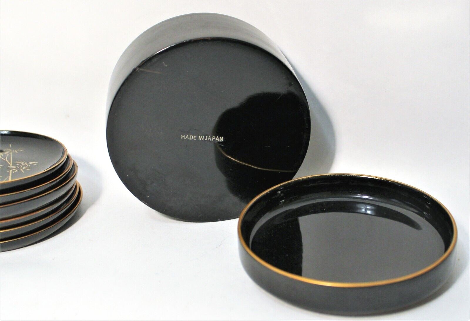 Vintage Coaster Box Set Black Lacquer Gold Bamboo Japan | eBay