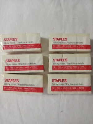 NEW! 6 PACK Staples Sticky Notes 1-3/8 x 1-7/8 12 Pads/100 per/1200 ...