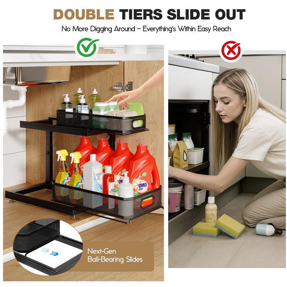 2-Pack Under Sink Storage Organizer with 2-Tier Slide Out Drawer ...
