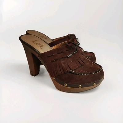 Y2K LEI Anetteco Wooden Clogs Shoes Leather Studded Mule Heels Chunky ...