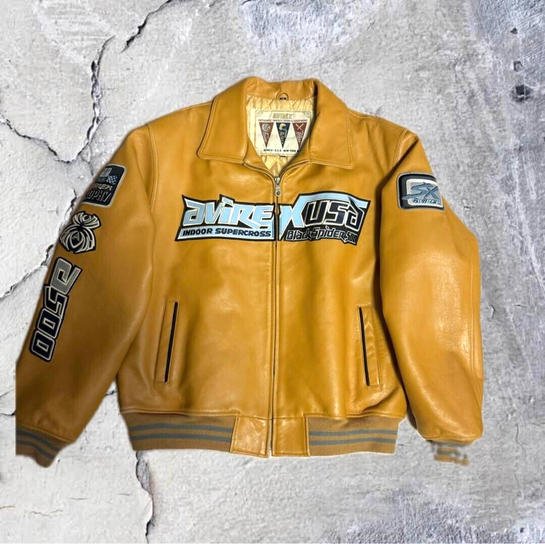 AVIREX Leather Varsity Jacket BLACK SPIDER 500 Yellow USA AVIREX Leather Varsity Jacket BLACK SPIDER 500 Yellow USA