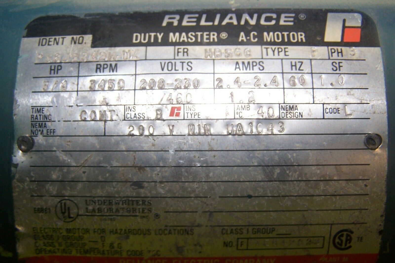 RELIANCE 3/4 HP AC ELECTRIC MOTOR 208-230/460V 3 PHASE 3450 RPM HB56C ...