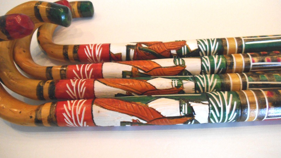 Hand Carved Wooden Cane Walking Stick Mexican Aztec Hand Painted Mexico ...