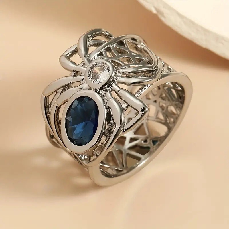 925 Sterling Silver Blue And White Topaz Spider Wedding Engagement Ring ...