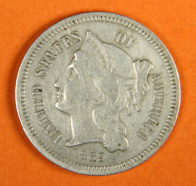 1869 Three Cent Piece Nickel ~ VG VERY GOOD TO FINE 3c US Type Coin ...
