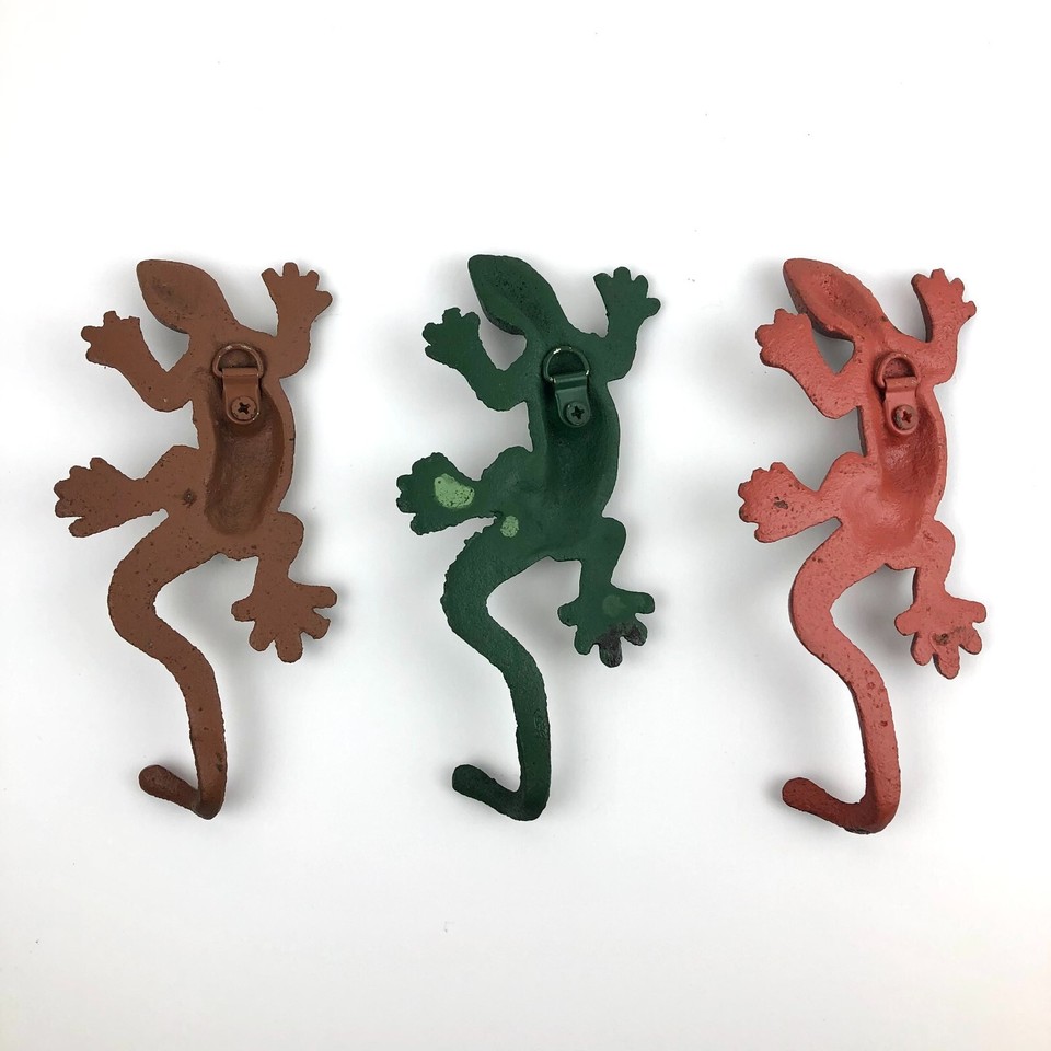 Set of 3 Vintage Cast Iron Lizard Gecko Wall Hooks Rustic Colors | eBay
