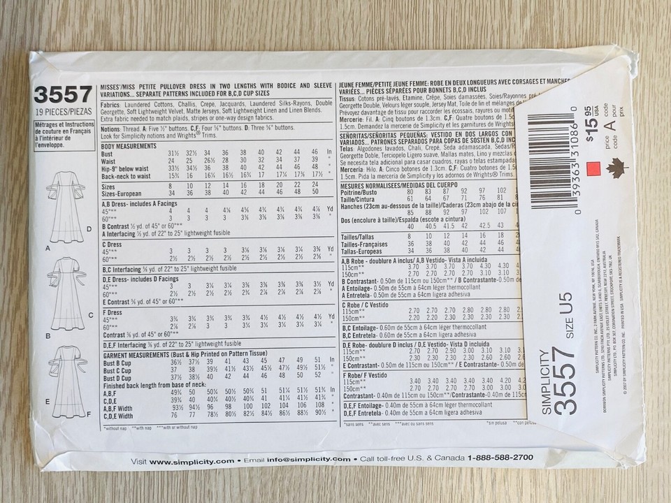 SIMPLICITY 3557 SIZES 16-24 DRESSES W/ CUP SIZE VARIATIONS UC/FF | eBay