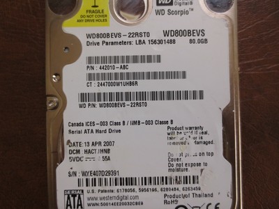 Western Digital WD800BEVS-22RST0 DCM:HACTJHNB 80gb 2.5" Sata hard drive ...