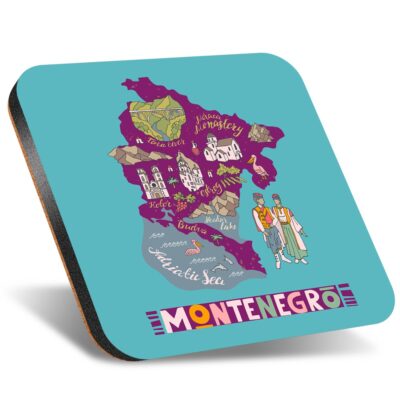 1x Square Coaster 12cm Map Montenegro Attractions Turquoise #61049 ...
