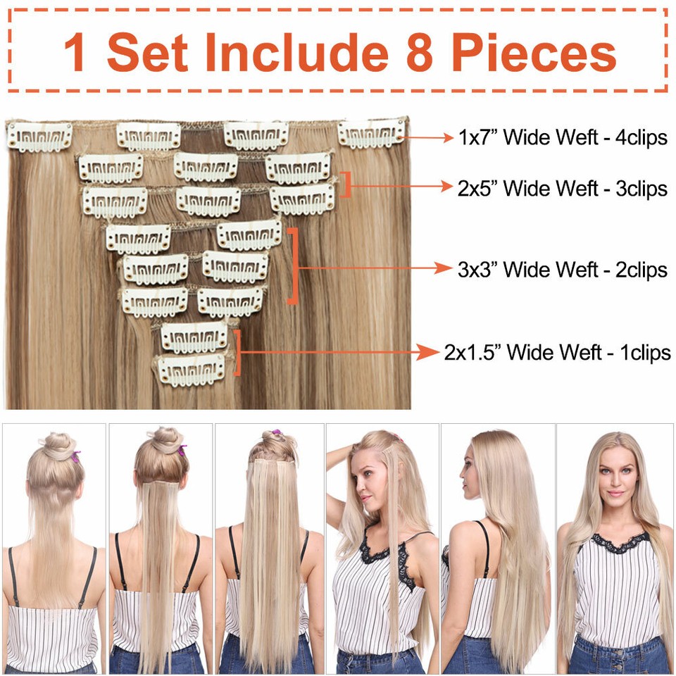 100% Real Natural as human Hair 8Pcs Full Head Clip In Hair Extensions ...