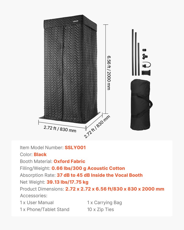 VEVOR 6.56ft Portable Vocal Booth Recording Booth with Travel Bag for ...
