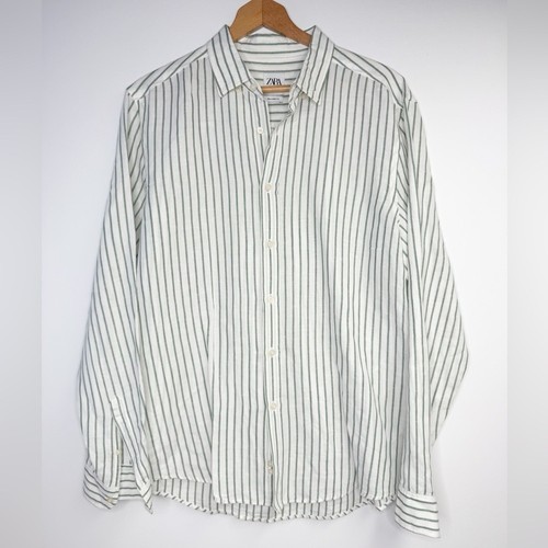 Zara Relaxed Fit White Green Vertical Striped Button Up Shirt Linen ...