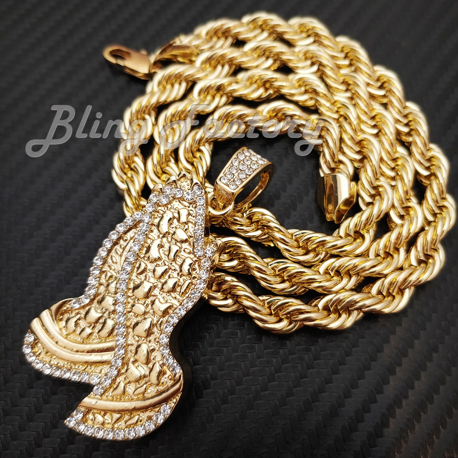 Iced Golden Nugget Praying Hands Pendant & 8mm 24" Thick Rope Chain ...
