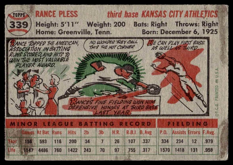 1956 Topps Rance Pless VG/EX (B) RC Kansas City Athletics #339 | eBay