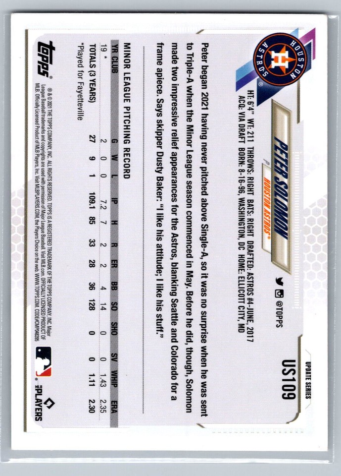 Peter Solomon 2021 Topps Update BASEBALL #US109 Houston Astros RC | eBay