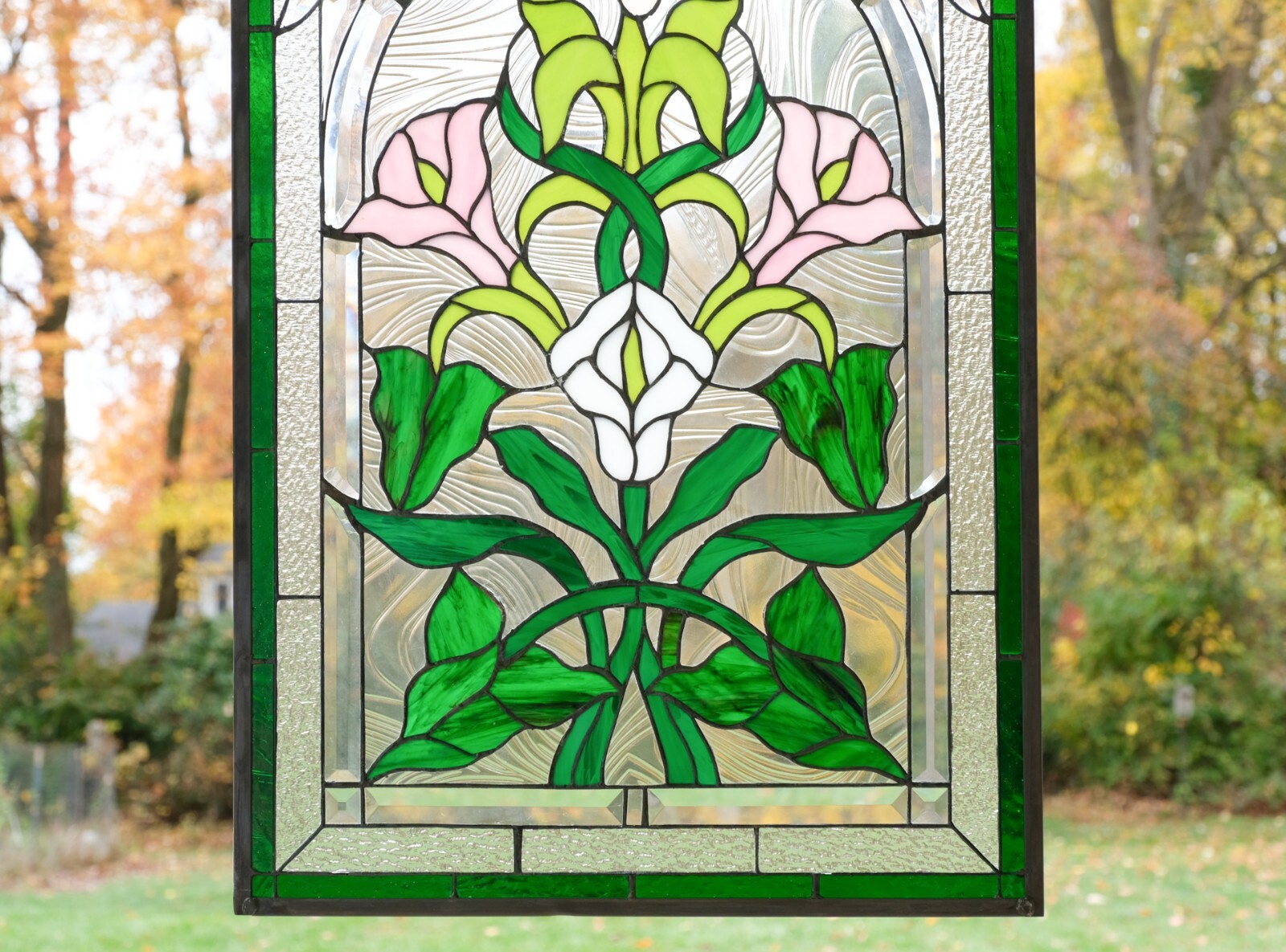 20.5" x 34.75" Tiffany style Stained glass window panel Lily Flower ...
