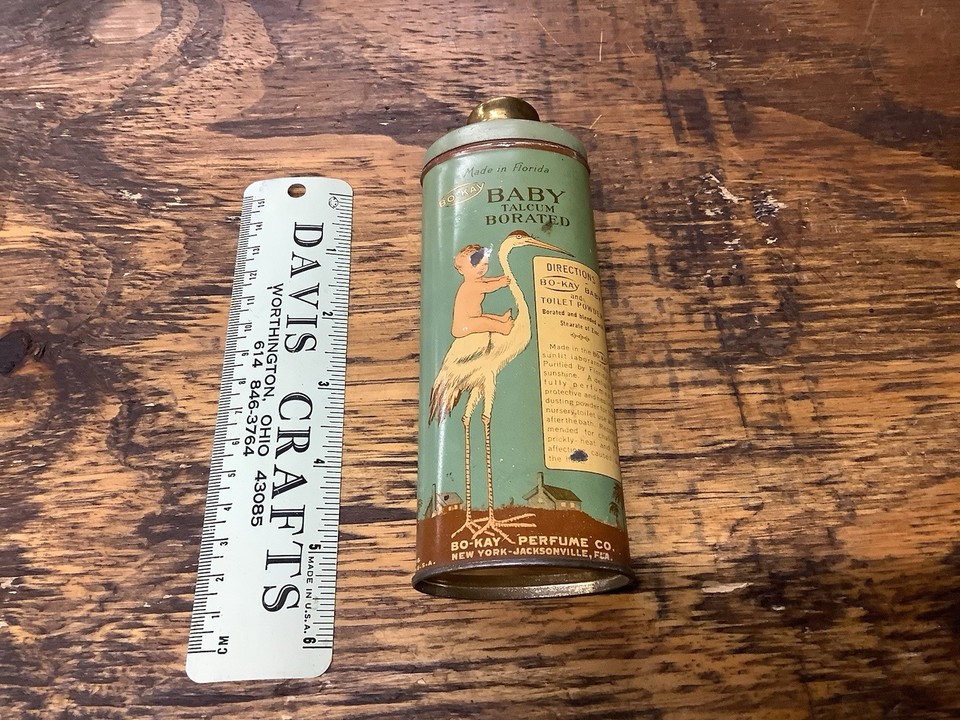 ANTIQUE BO KAY BABY TALCUM TIN LITHO POWDER CAN STORK BIRD DRUG STORE ...