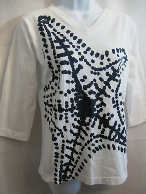 MARUSHKA Handprints White V Neck T Shirt Black STAR Design Size M Hand ...