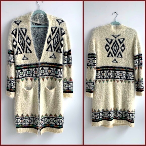 My Michelle Fuzzy Aztec Boho Indie Cardigan Sweater M - Gem