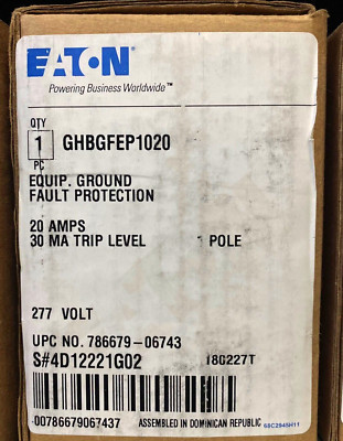 EATON GHBGFEP1020 BREAKER GRND FLT 1POLE 20A 30 MA TRIP LEVEL 277V NEW ...