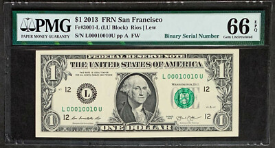 NQC Fr 3001-L 2013 $1 FRN (Binary Serial Number 00 01 00 10)-PMG Gem ...